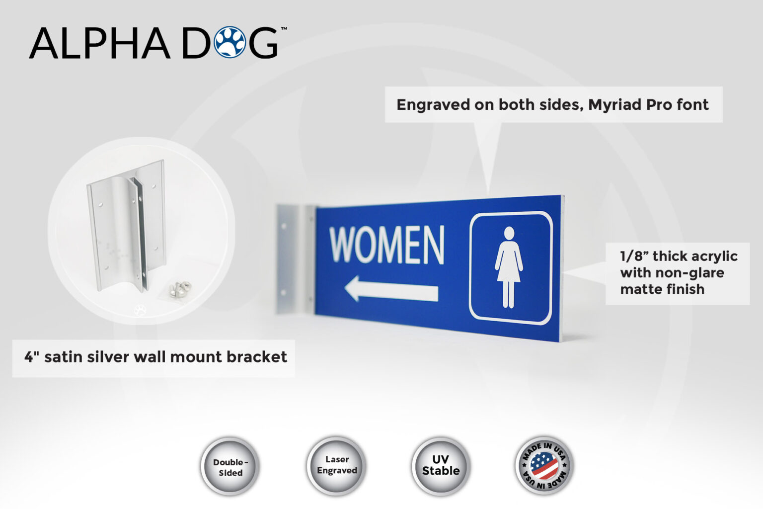 Women’s Hallway Bathroom Sign, Arrow | Alpha Dog ADA Signs
